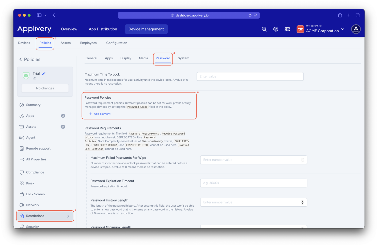 How to configure password requirements on Android devices
